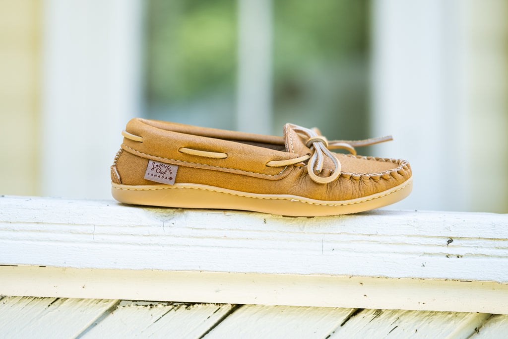 Women's Stylish Genuine Moose Hide Leather Mocs with Outdoor Hard Sole